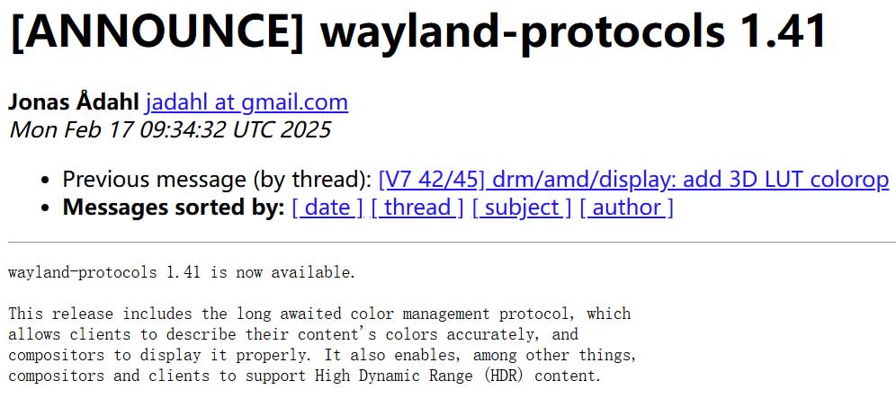 Wayland Protocols 1.41 发布，支持色彩管理 - 实时互动网