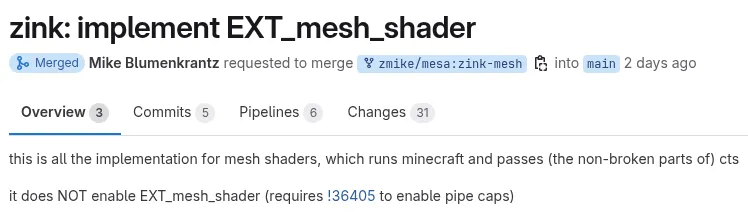 Zink OpenGL-On-Vulkan 驱动程序处理 OpenGL 网格着色器 - 实时互动网